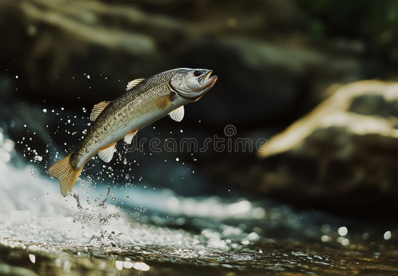 Fish Leaps Out of Water Creating Splashes in Serene Natural Setting at ...