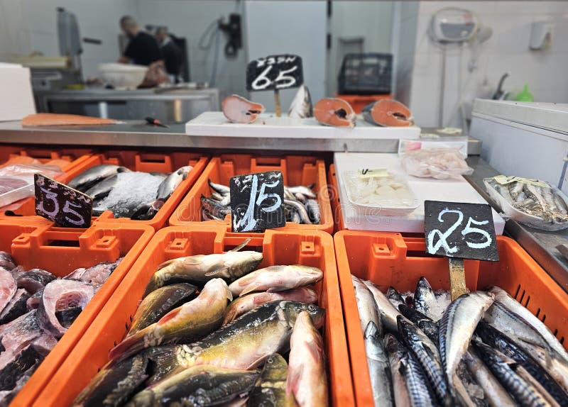 Fish Lies in Orange Boxes in a Fish Store Stock Image - Image of retail ...