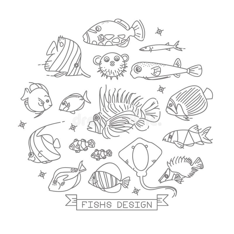 Fish Line Icons with Outline Style Stock Vector - Illustration of ...