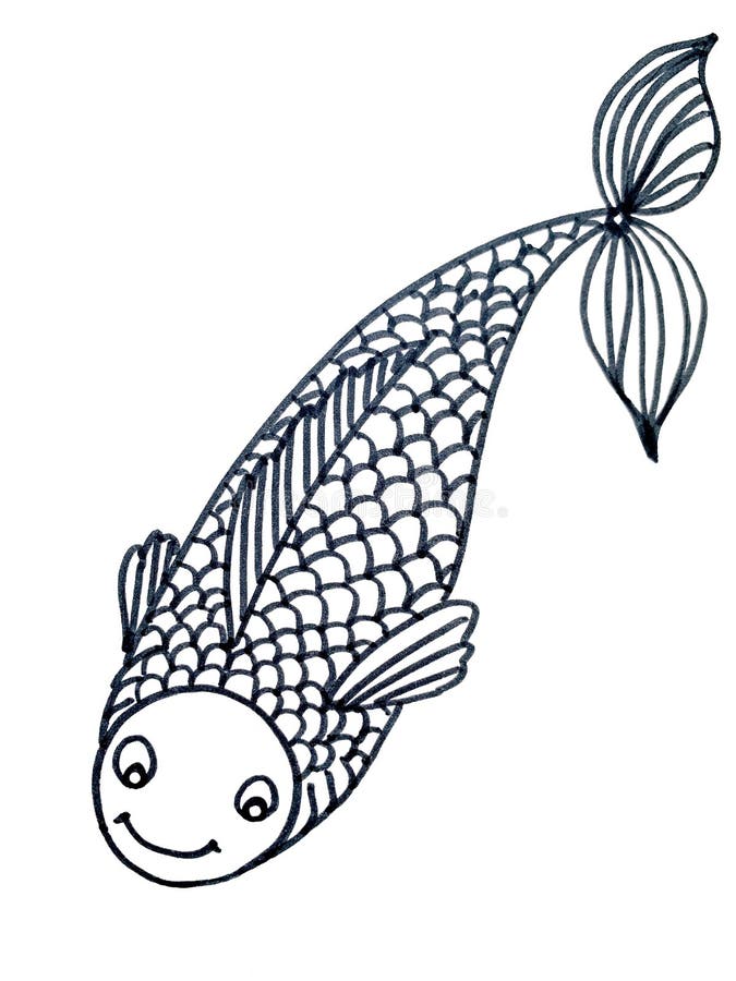 Fish, Linear Graphic Black and White Drawing on White Background Stock ...