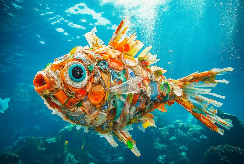 Fish Made Out of Plastic Trash Swims Underwater Stock Illustration ...