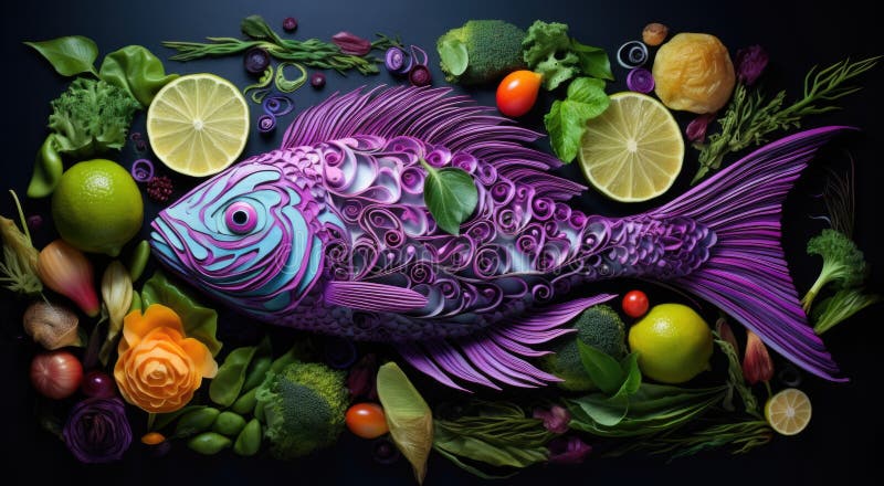 A Fish Made Out of Purple Vegetables and Fruit, AI Stock Illustration ...