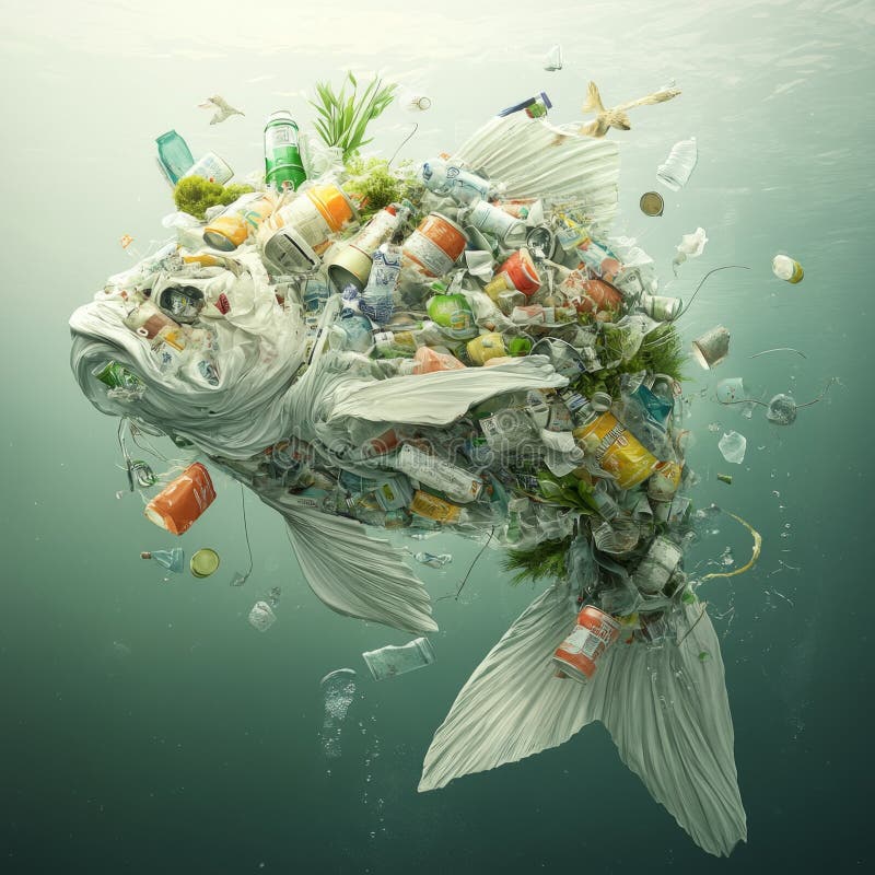 Fish Made of Trash Swimming in Polluted Ocean Stock Image - Image of ...