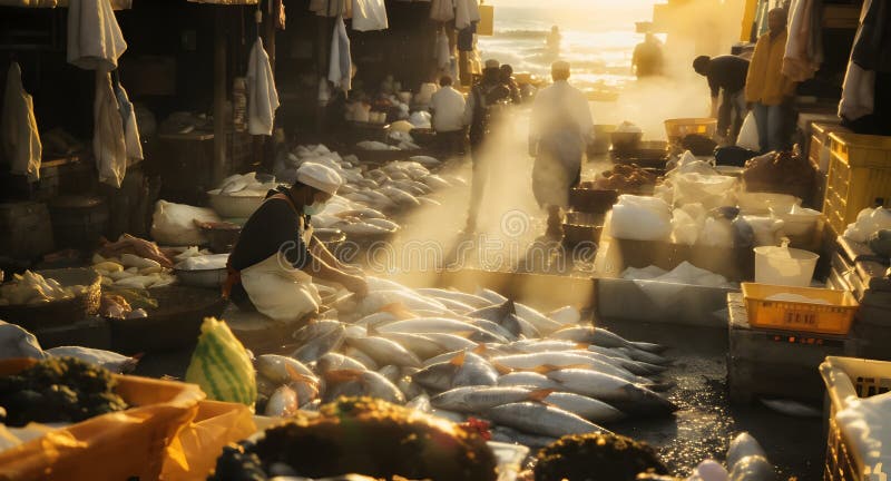 Fish Market Scene Fresh Catch and Labor Stock Illustration ...