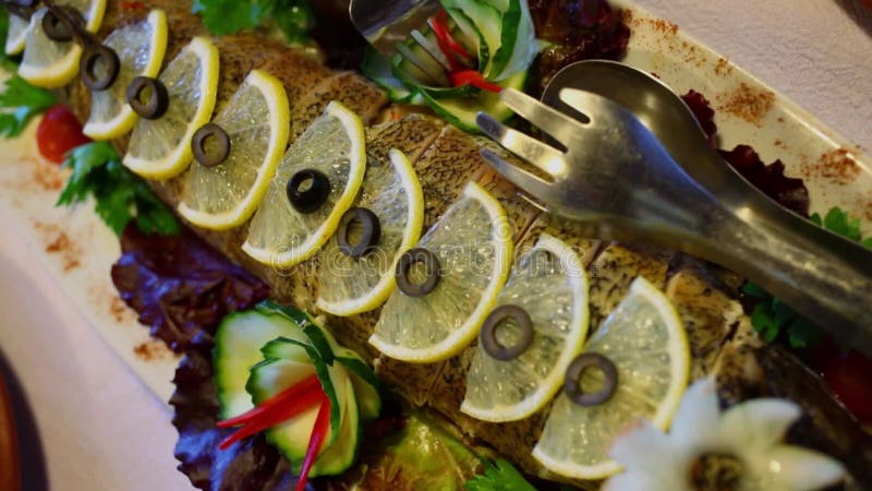 Fish Meal Lies among Plates on Table during Stock Video - Video of fish ...