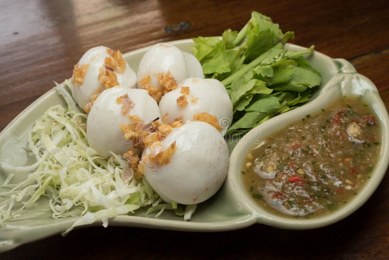 Fish Meat Ball with Sauce Chilli Stock Photo - Image of diet, eating ...