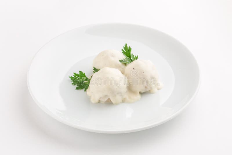 Fish Meatball with White Sauce and Parsley Isolated on White Background ...