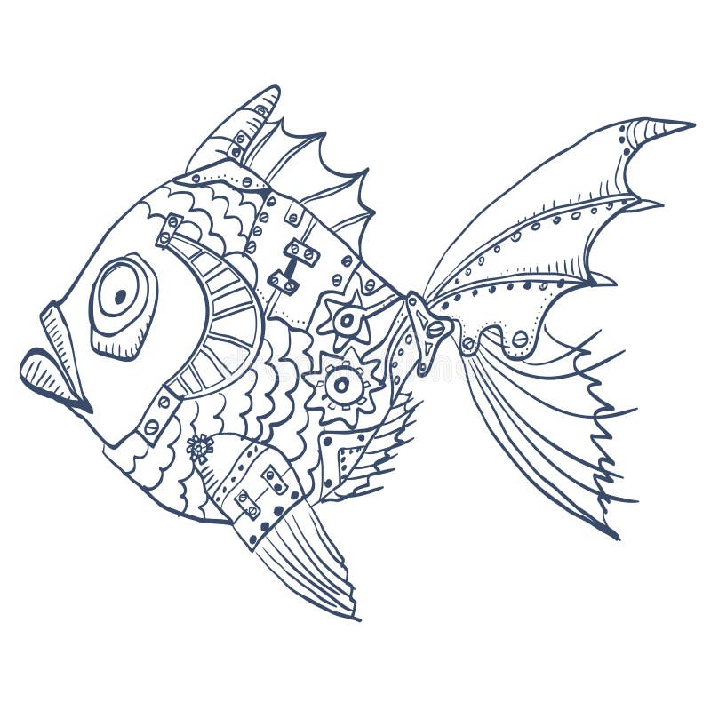 Fish with Mechanical Parts of Body. Hand Drawn Background Illust Stock ...