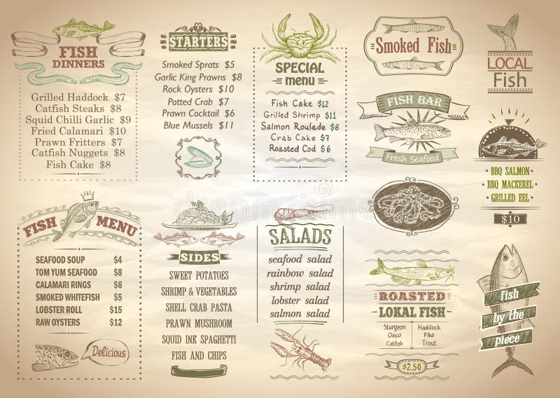 Fish Menu Set, Seafood Menu, Copy Space for Text Stock Vector ...