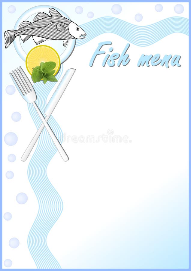 Fish Menu Template with a Cod Fish on Plate, Lemon and Mint, Knife and ...