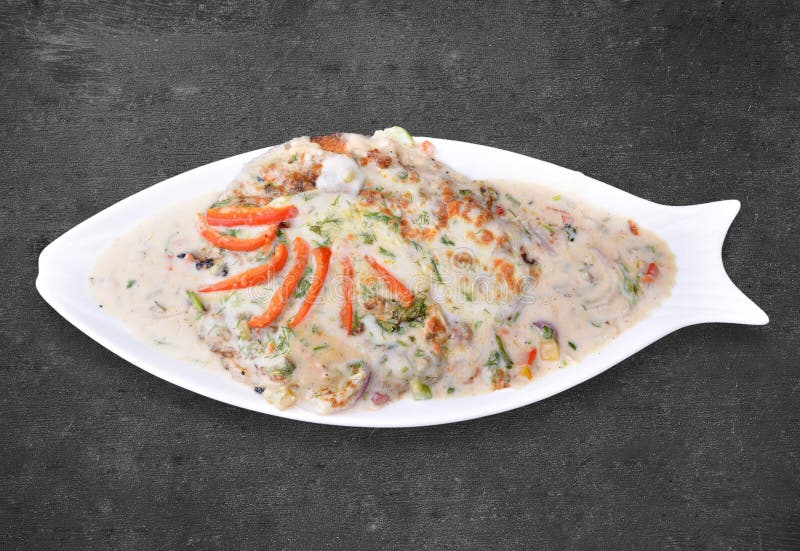 Fish with Mushroom Sauce stock photo. Image of grilled - 90145514