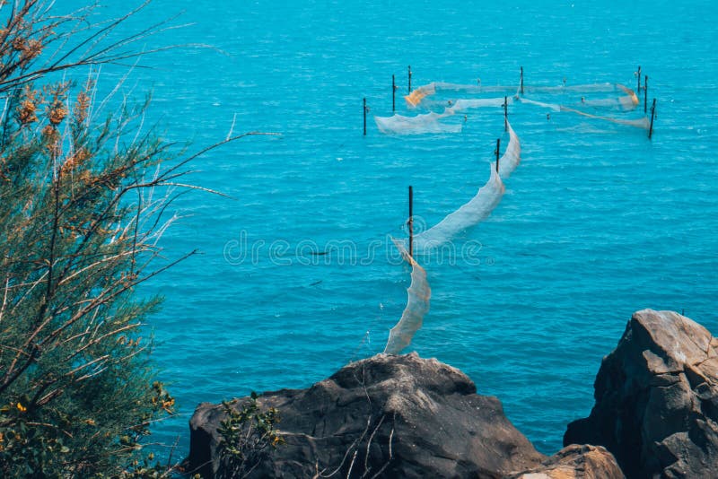 Fish Nets Installed in the Sea. Stock Image - Image of farming, vessel ...