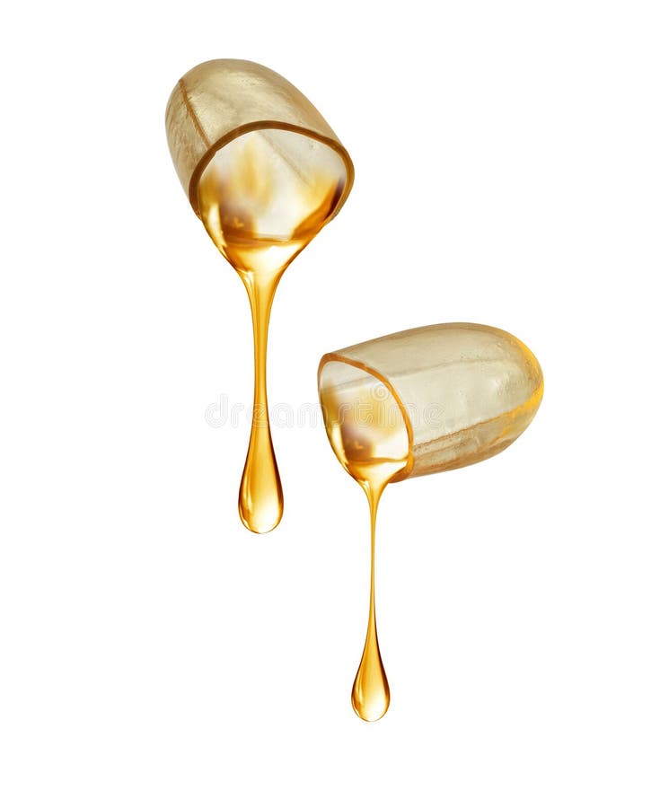 Fish Oil Capsule Cut into Two Halves with Dripping Drops of Fat Stock ...