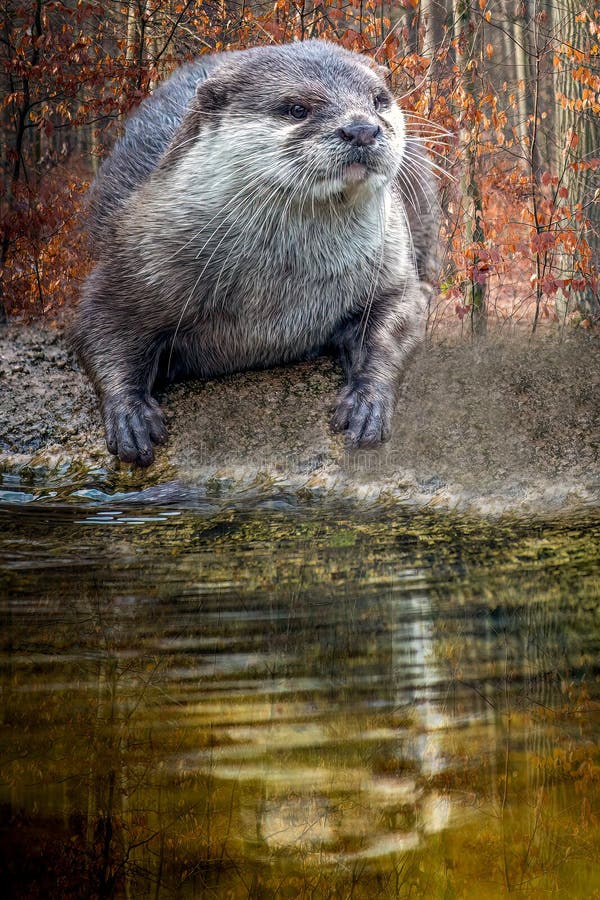A Fish Otter with Reflection in the Water Stock Photo - Image of water ...