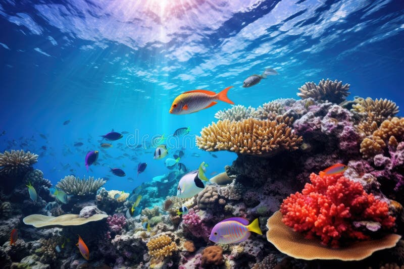 Fish Over a Coral Reef in the Sea Stock Illustration - Illustration of ...