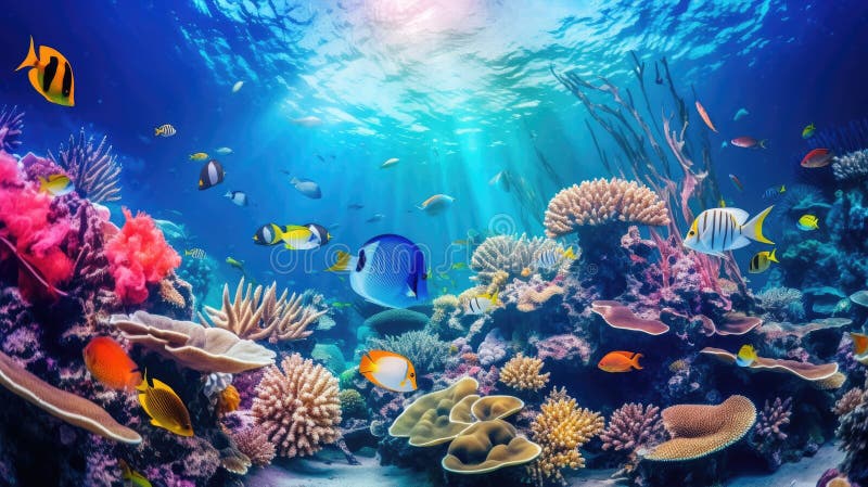 Fish Over a Coral Reef in the Sea Stock Illustration - Illustration of ...