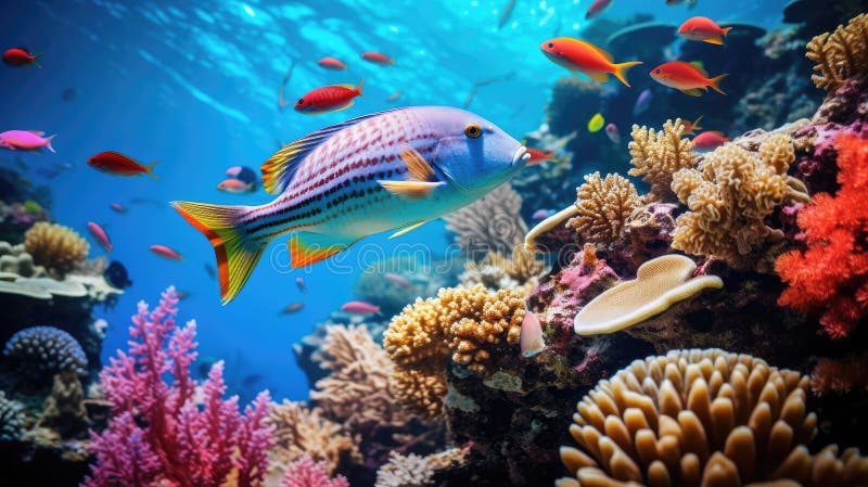 Fish Over a Coral Reef in the Sea Stock Illustration - Illustration of ...