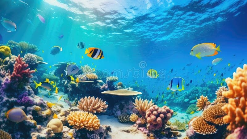 Fish Over a Coral Reef in the Sea Stock Illustration - Illustration of ...
