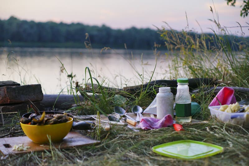 Fish in a Pan is Fried on a Fire on the River Bank. Stock Photo - Image ...