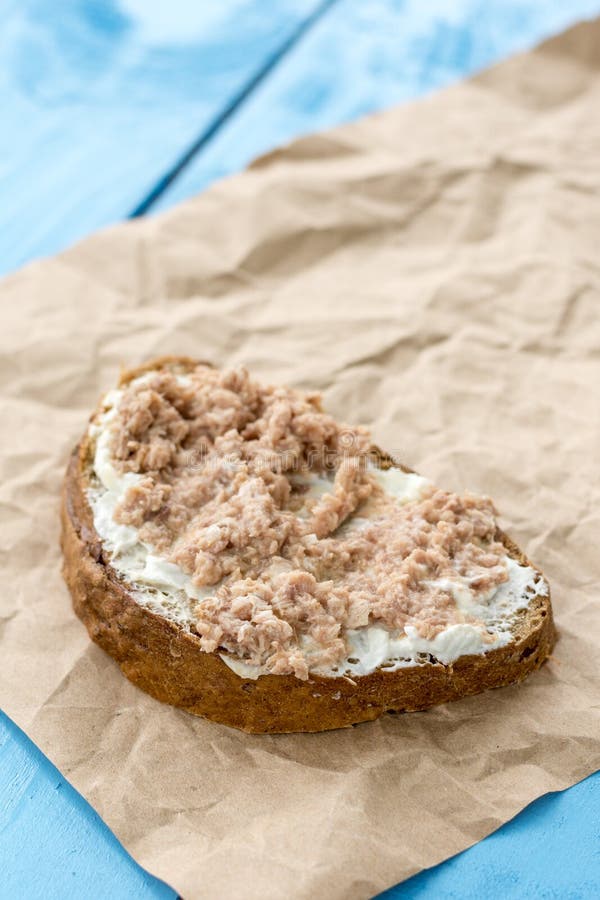 Fish Pate Spread on a Slice of Bread on the Wrinkled Brown Paper Stock ...