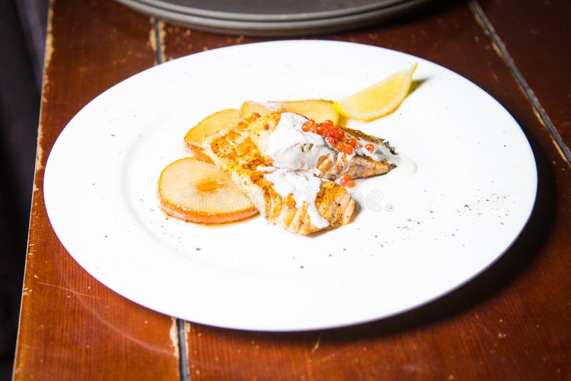 Fish with pear stock image. Image of salmon, fruits, fish - 50371893