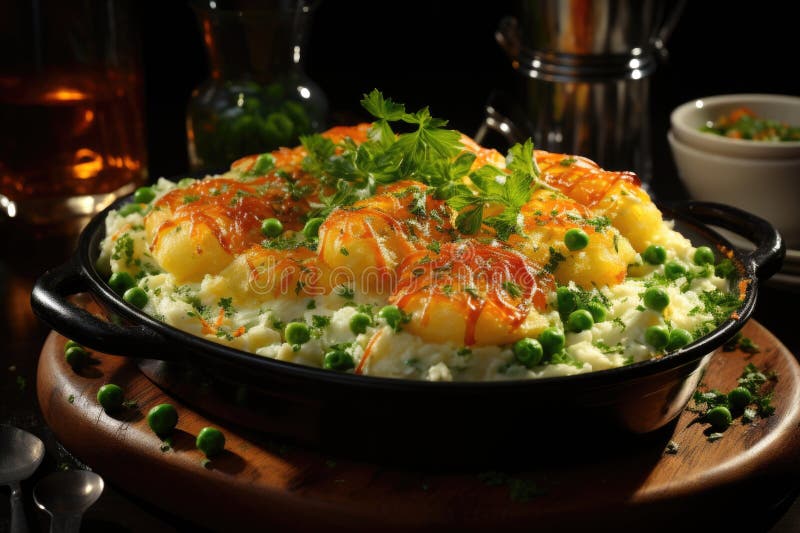 Fish Pie with Mashed Potatoes, Cheese, Peas and C Stock Illustration ...