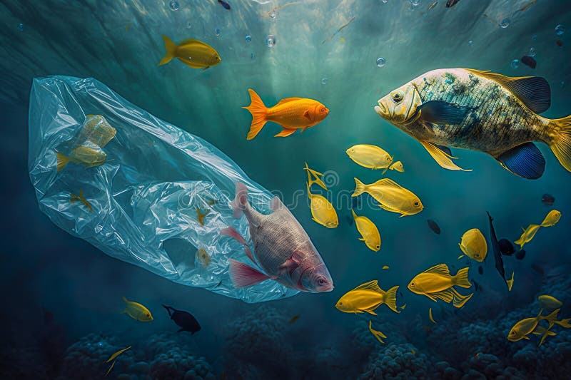 Fish and Plastic Pollution in Sea. Generative Ai. Stock Illustration ...