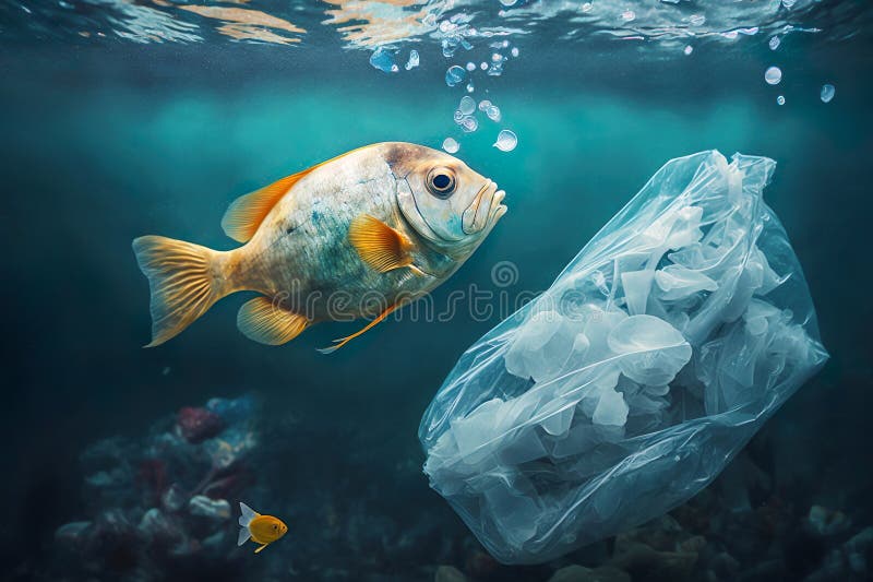 Fish and Plastic Pollution in Sea. Generative Ai. Stock Illustration ...