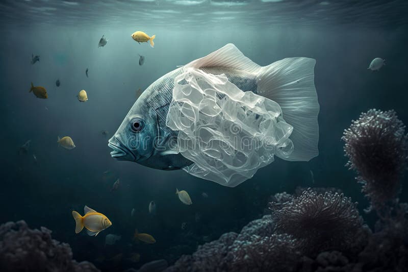 Fish and Plastic Pollution in Sea. Generative Ai. Stock Illustration ...