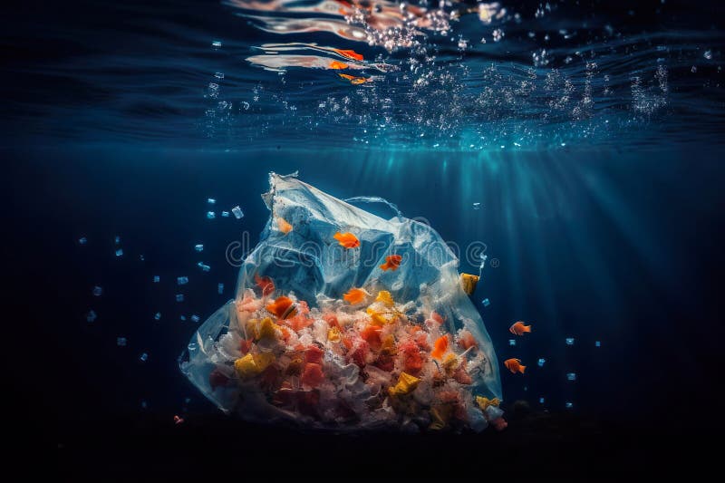 Fish and Plastic Pollution in Sea. Generative Ai. Stock Illustration ...