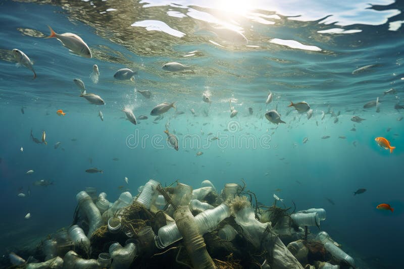 Fish and Plastic Pollution in Sea. Generative Ai. Stock Illustration ...