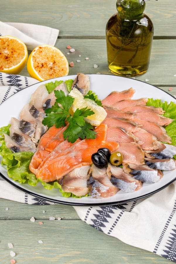 Fish Plate with Different Types of Smoked and Salted Fish Stock Image ...