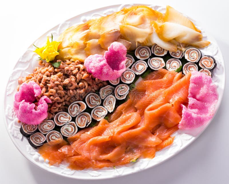 Fish Plate with Salmon, Crabs and Sushi Stock Photo - Image of ...