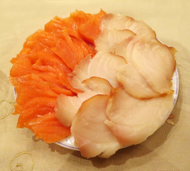 Fish Plate with Salmon and Halibut. Assorted Fish on a Plate Stock ...