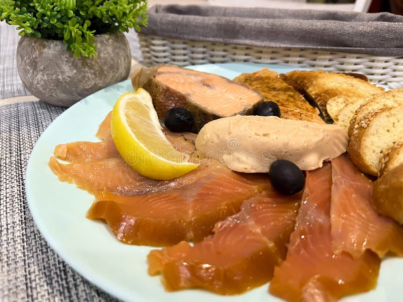 Fish Plate, Salmon Red Fish Dish, Pate and Sesame Bread on a Plate ...