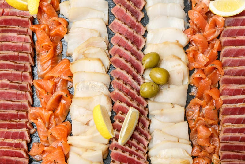 Fish Plate with Variety of Differnet Fish Slices Stock Photo - Image of ...