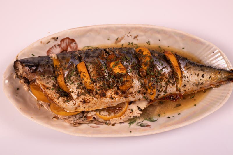 Fish on a Platter Stuffed with Lemon View from Afar Stock Image - Image ...