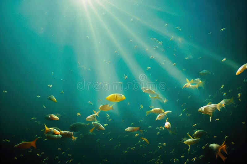 Fish Playing in Rays of Sun Under Water Seascape. Stock Illustration ...