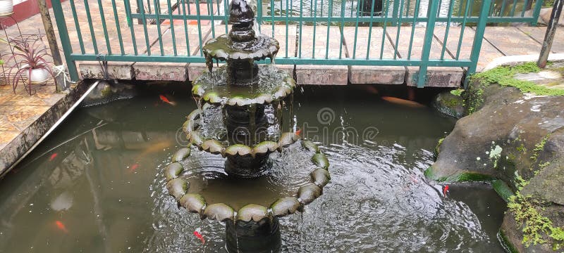 Fish Pond with a Unique Old Small Shower Viewed from the Side Above ...