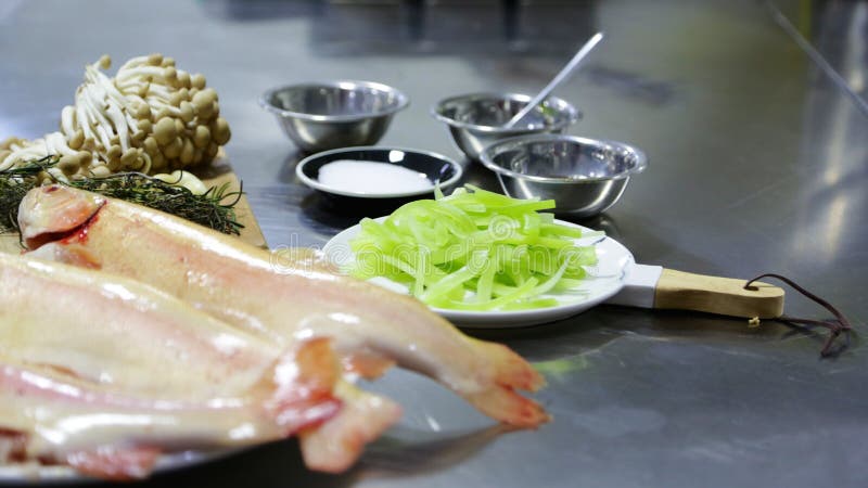 Fish Preparation in the Kitchen of the Restaurant, Salmon and ...