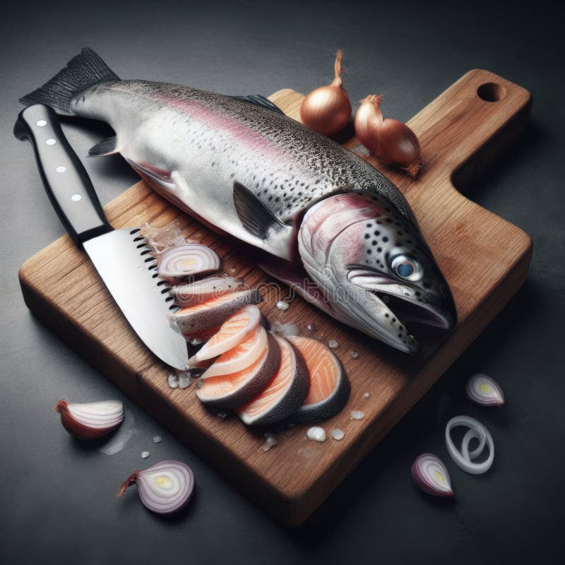 Fish Preparation on a Kitchen Work Surface Chopping Board, with ...