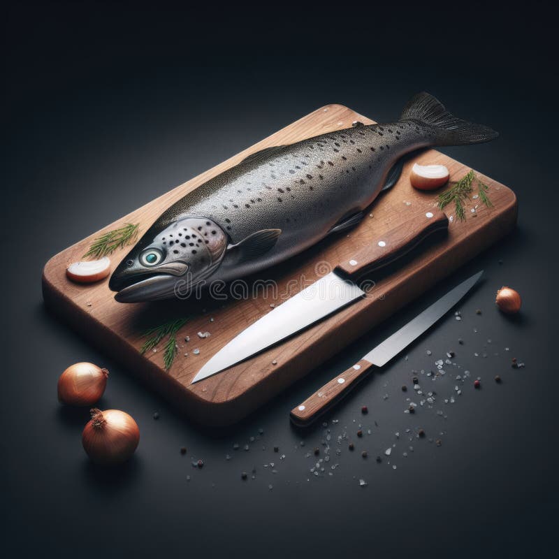 Fish Preparation on a Kitchen Work Surface Chopping Board, with ...