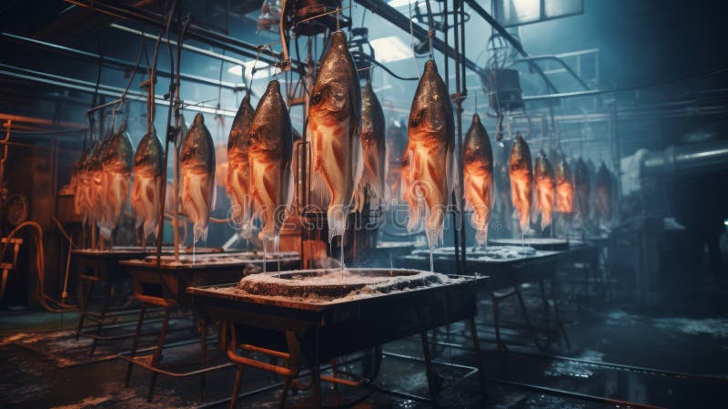Fish Processing Plant Employees Cutting and Washing the Chum Salmon ...