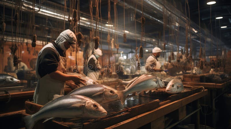 Fish Processing Plant Employees Cutting and Washing the Chum Salmon ...