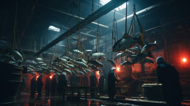 Fish Processing Plant Employees Cutting and Washing the Chum Salmon ...