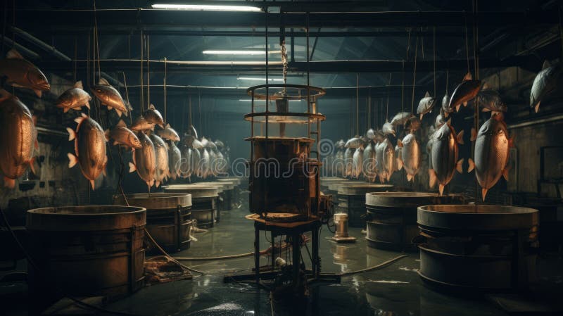 Fish Processing Plant Employees Cutting and Washing the Chum Salmon ...