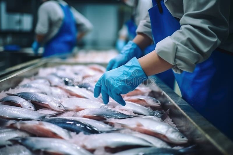 Fish Processing Plant. People Sort the Fish Moving Along the Conveyor ...
