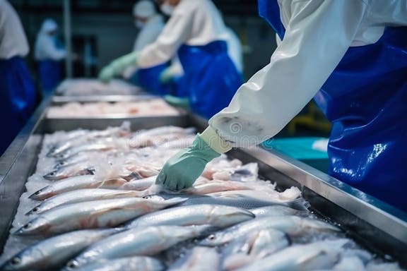 Fish Processing Plant. People Sort the Fish Moving Along the Conveyor ...