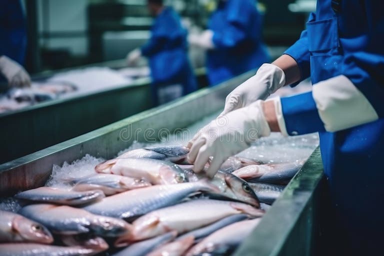 Fish Processing Plant. People Sort the Fish Moving Along the Conveyor ...