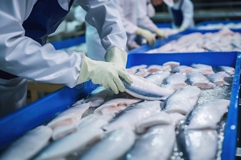 Fish Processing Plant. People Sort the Fish Moving Along the Conveyor ...
